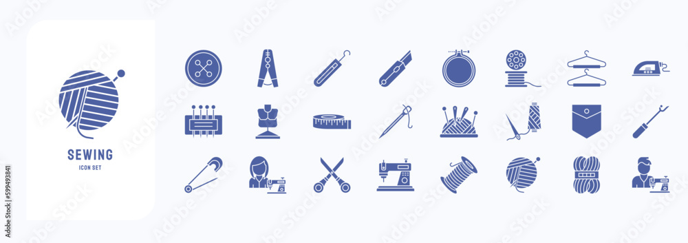A collection sheet of solid icons for Sewing, including icons like ...