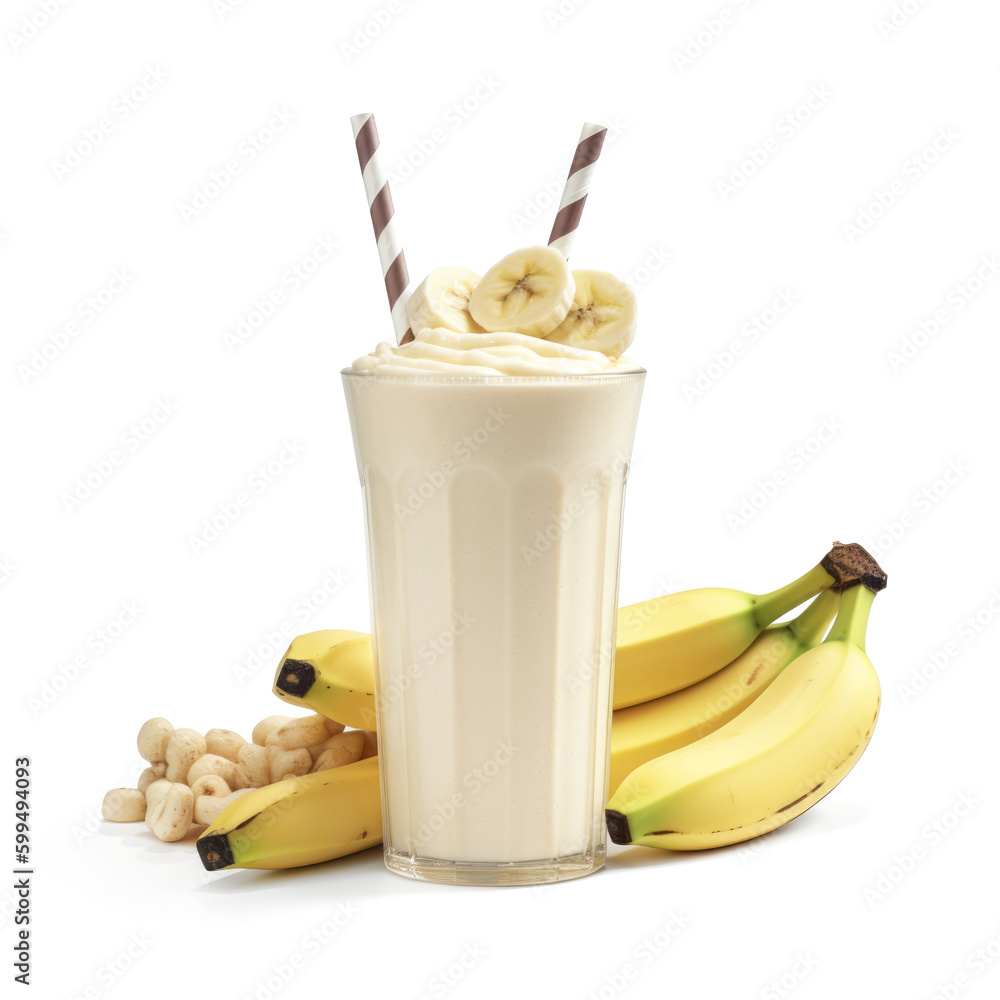Banana milkshake with fresh bananas isolated on white background ...