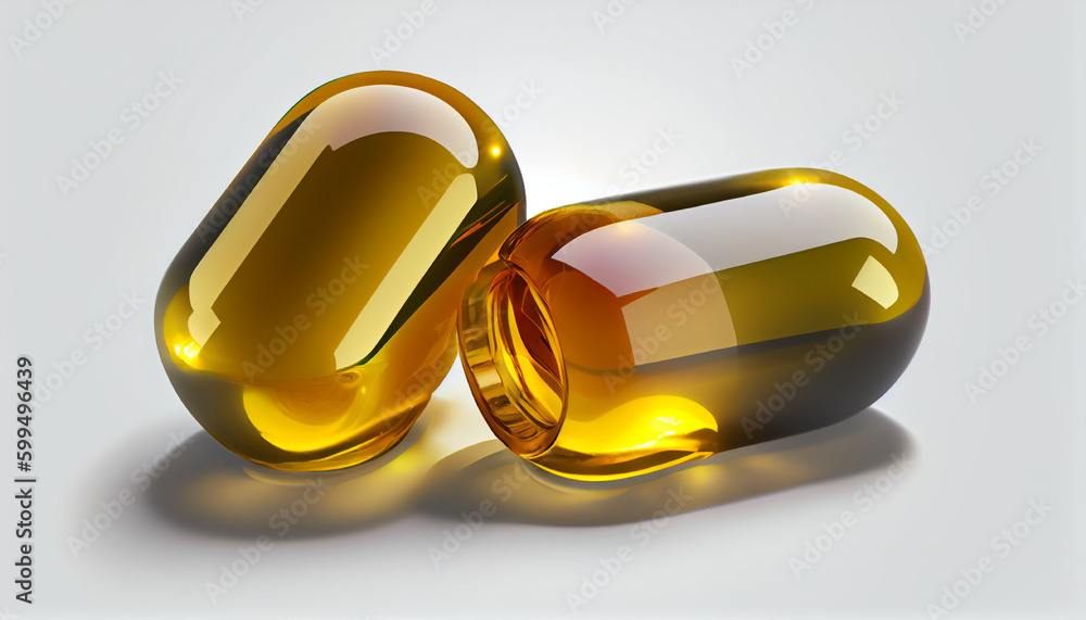 Gold colored soft gel capsules | Cod-liver | Omega-3 | Vitamin E ...