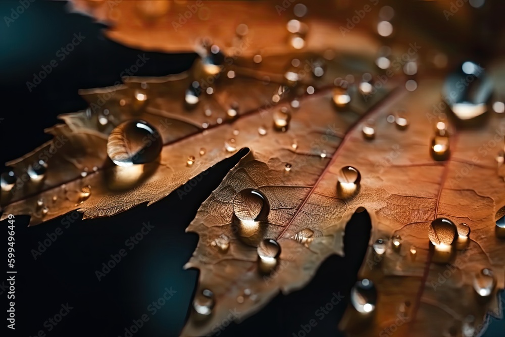 Maple leaves under a microscope in drops of water and oil. macro art ...