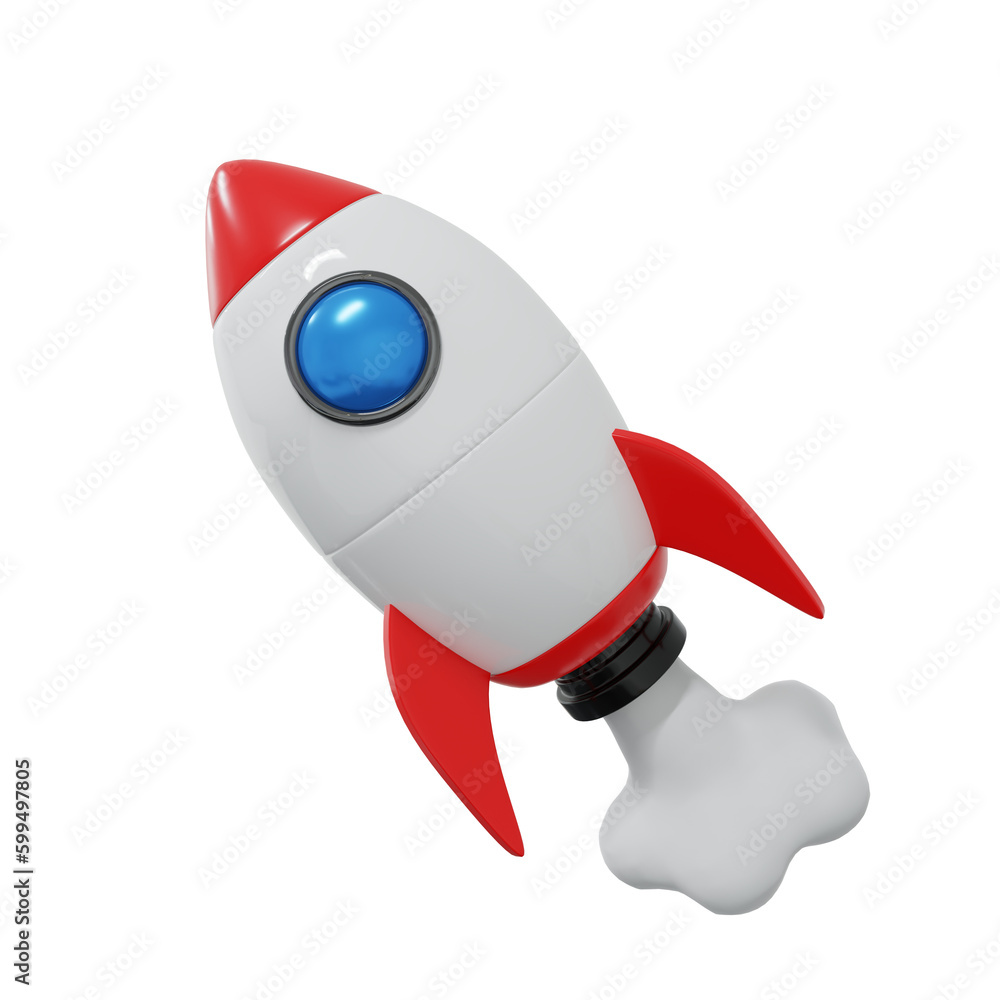 3d cartoon red rocket launch element isolated on white background. 3d ...