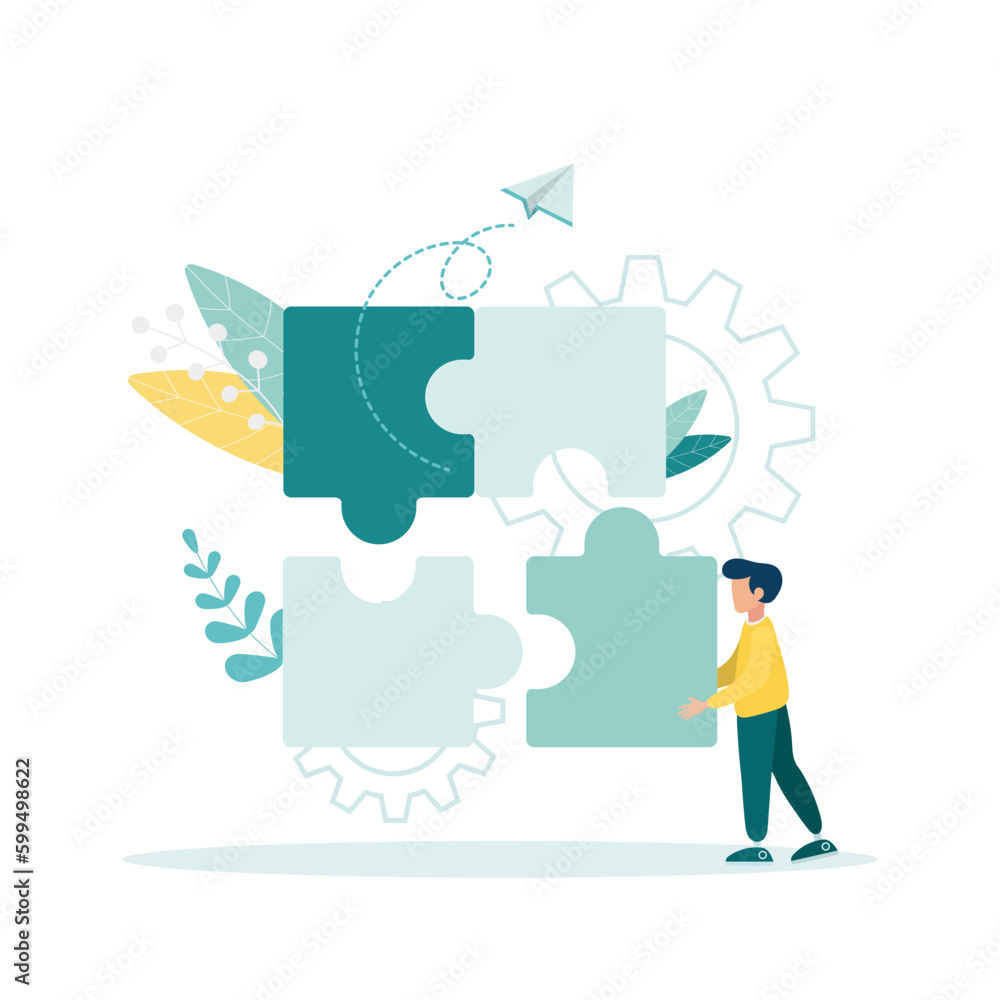 Business concept. Metaphor of a guy connecting puzzle pieces. Vector ...