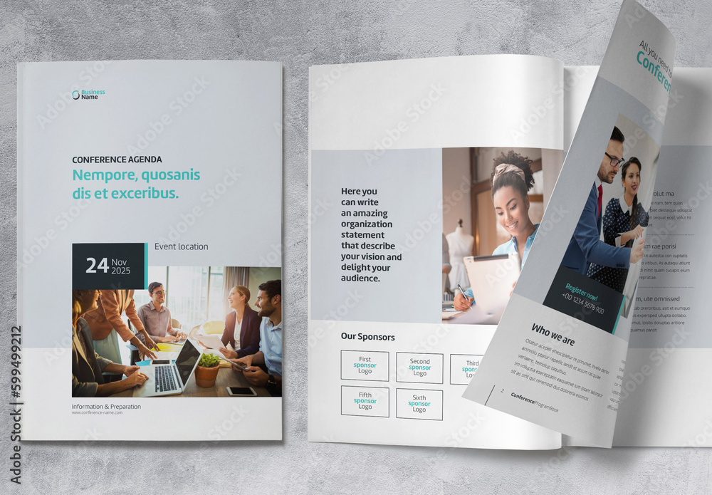 Business Conference Brochure with Blue Accents Stock Template | Adobe Stock