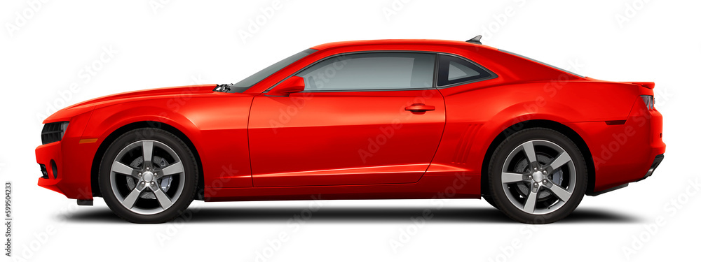 Modern powerful american muscle car in red color. Side view on a ...