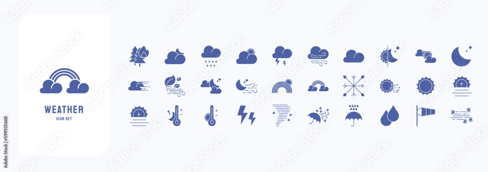 A collection sheet of solid icons for weather forecast, including icons ...