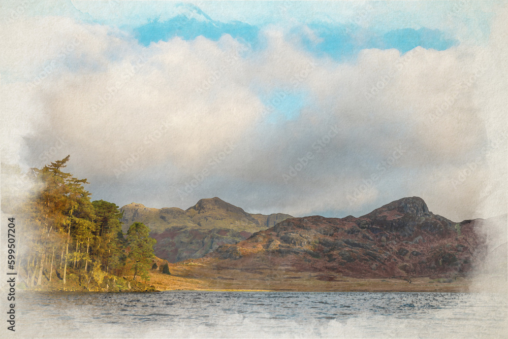 Digital watercolour painting of Blea Tarn in the English Lake District ...