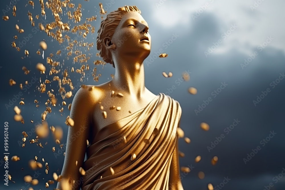 Greek statue is covered with golden threads in a golden rain. sculpture ...