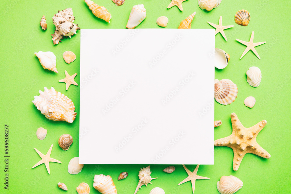 Summer time concept with blank greeting card and blank white paper on ...