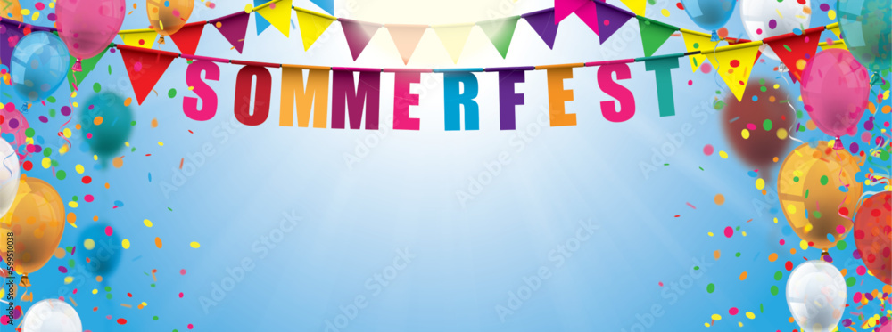 Sommerfest Banner mit Luftballons, Girlanden und Konfetti Stock Vector ...
