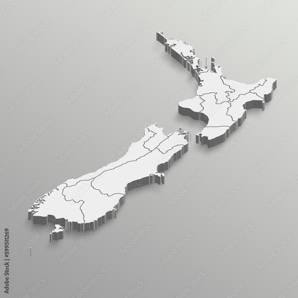 A map of the New Zealand in a white background fully editable 3d ...