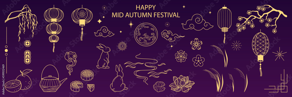 Mid autumn festival gold design elements set with moon, rabbits ...