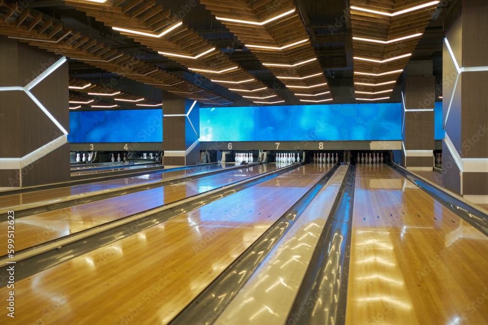 interior of a empty bowling alley. modern interior of bright and ...