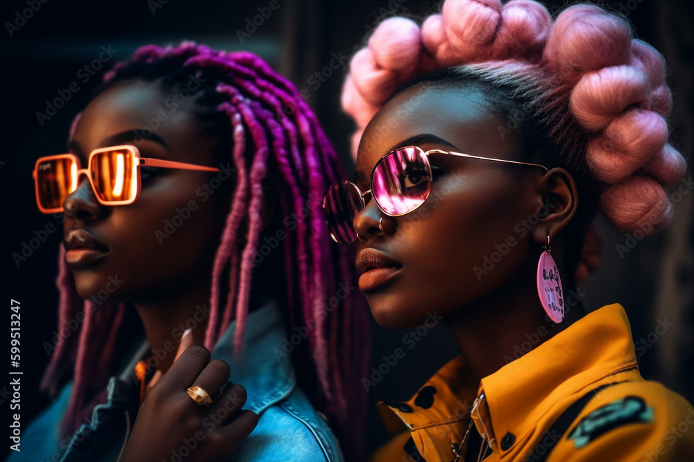 two black friends model wih a colorful hairstyle and urban mood, posing ...
