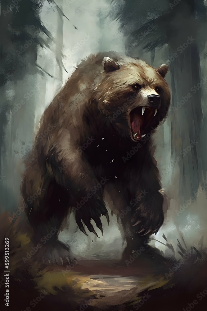 bear attack: full body portrait digital brush painting of a angry ...