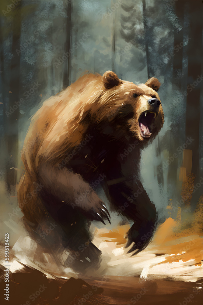 bear run attack: full body portrait digital brush painting of a angry ...