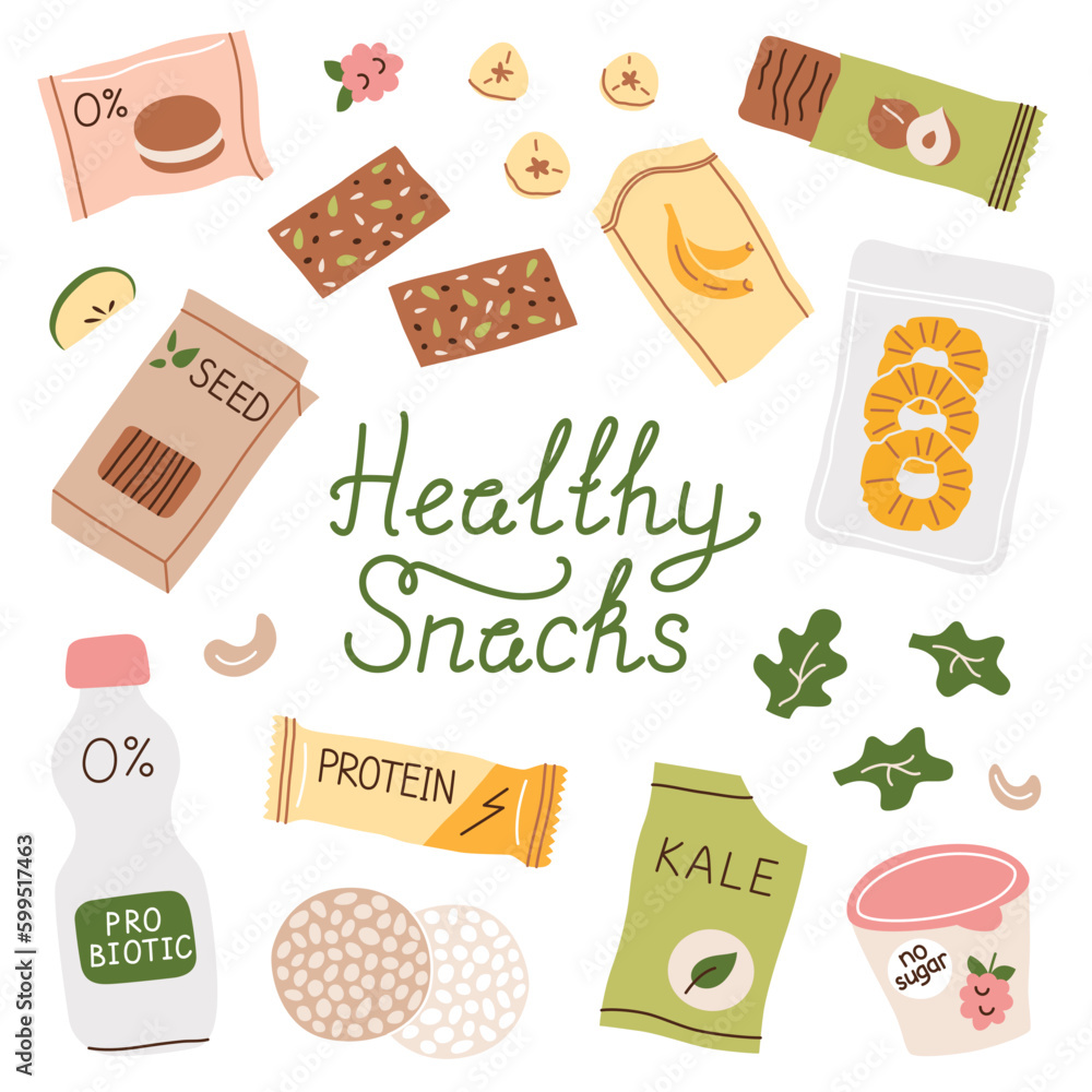 Healthy snacks hand drawn collection with lettering , doodle icons of ...