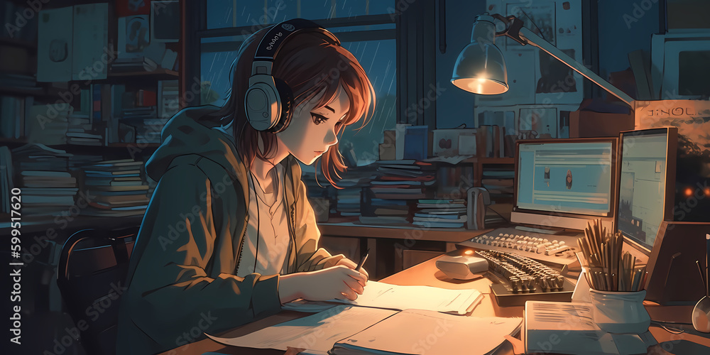 Cool Lofi Girl studying at her desk. Rainy or cloudy outside, beautiful ...