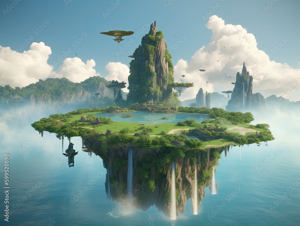 Flying fantasy island, land floating in the sky among clouds, fantasy ...