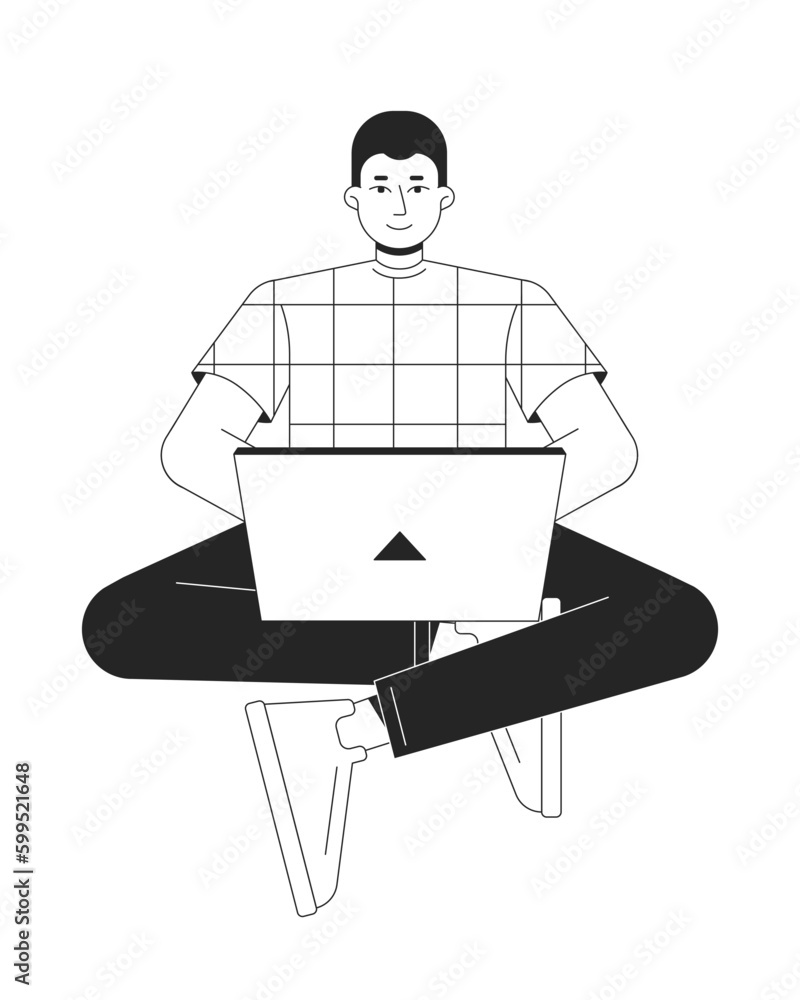 Computer specialist working on laptop bw vector spot illustration. Man ...