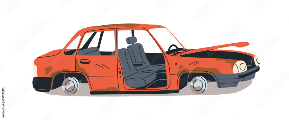 Rusted broken car junk. Abandoned damages ruined rusted auto. Rotting ...