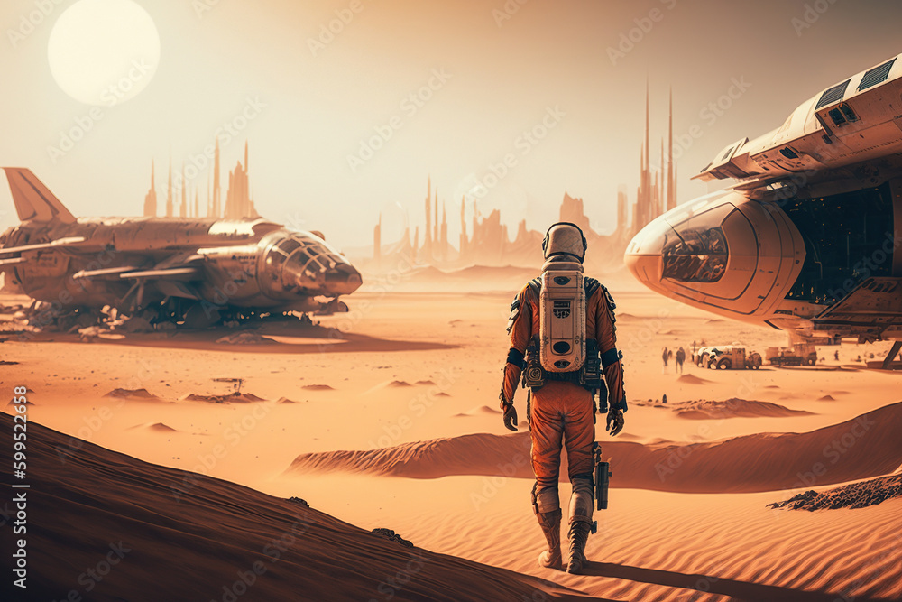 Futuristic fantasy image city building on Mars, flying ships with ...