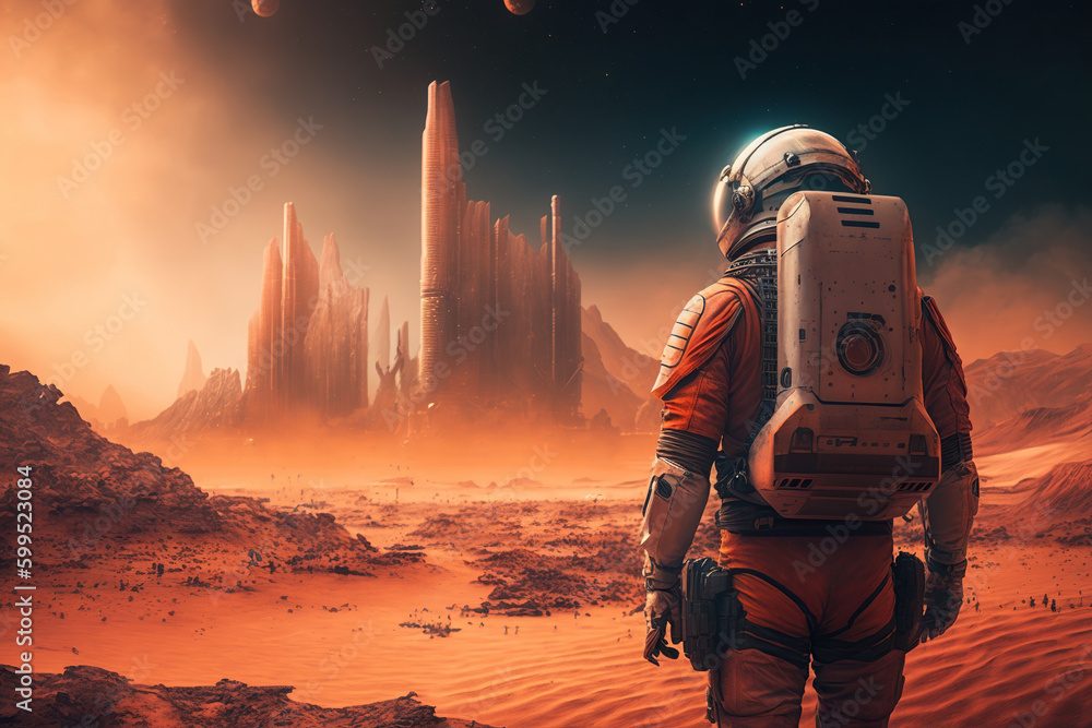 Futuristic fantasy image city building on Mars, flying ships with ...