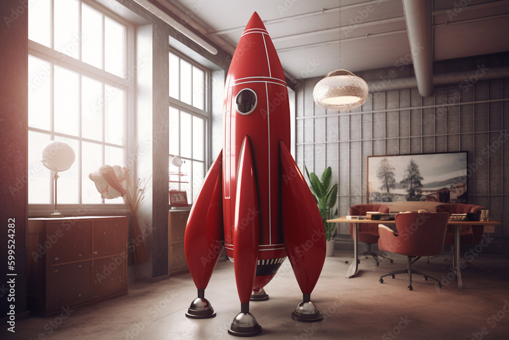 Vintage metallic red rocket in a retro office. Concept idea. Business ...