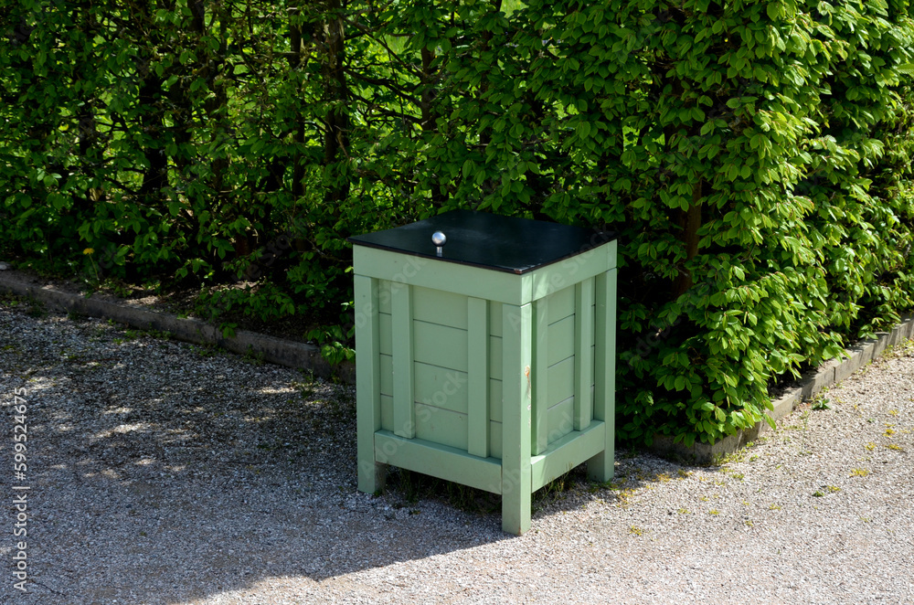 wooden trash park trash can. lined with wood. panelling. cylindrical ...