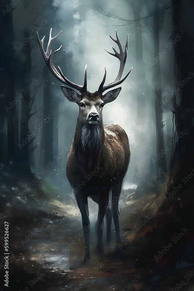 deer stands and look: full body portrait digital brush painting of a ...