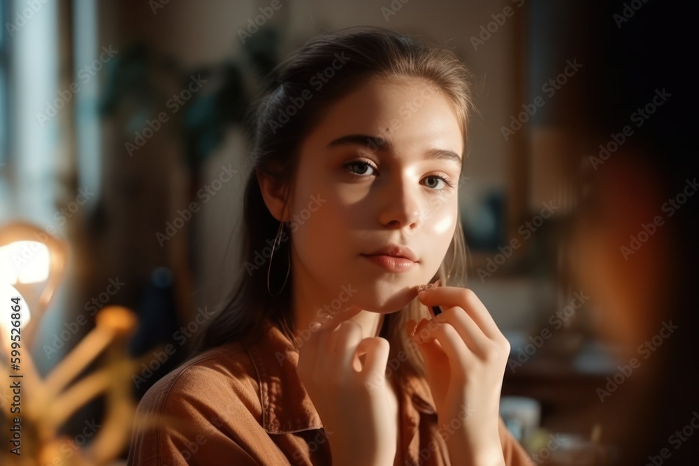 Teenage girl applying makeup in her room, embracing self-confidence ...