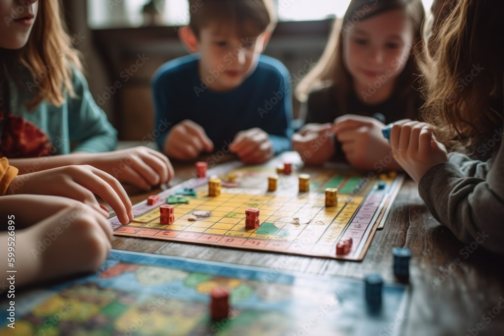 Candid group of children playing a board game, evoking nostalgia and ...