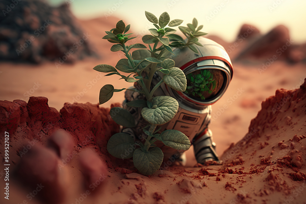 Astronaut found a plant on Mars, futuristic fantasy image, colonization ...