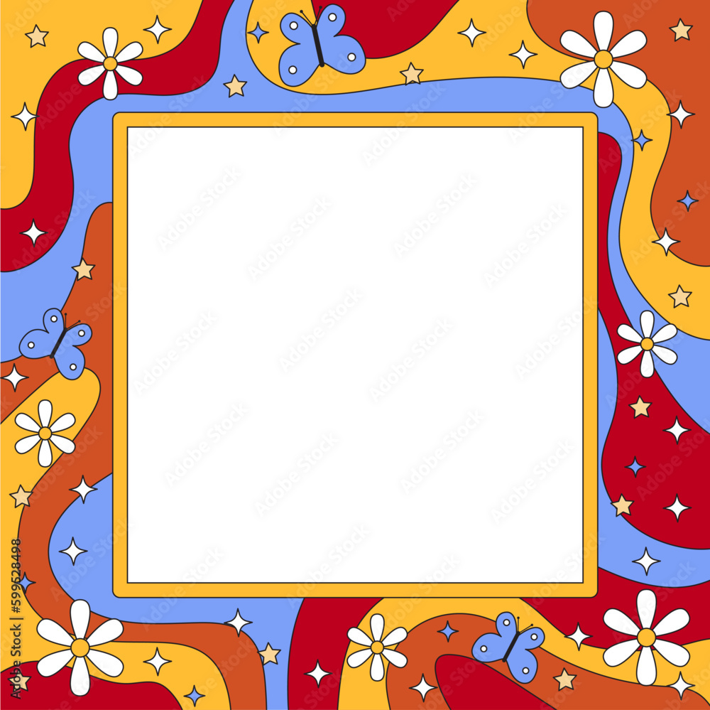 Vector retro groovy psychedelic square frame template. Trendy 70s ...