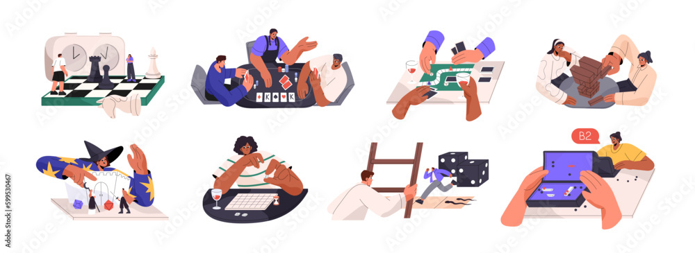 People playing board games set. Boardgames time, fun home activities ...