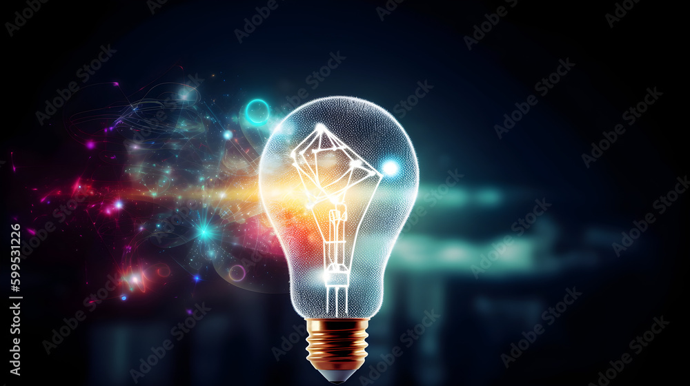 A light bulb illuminated above a polygon on a dark blue background ...