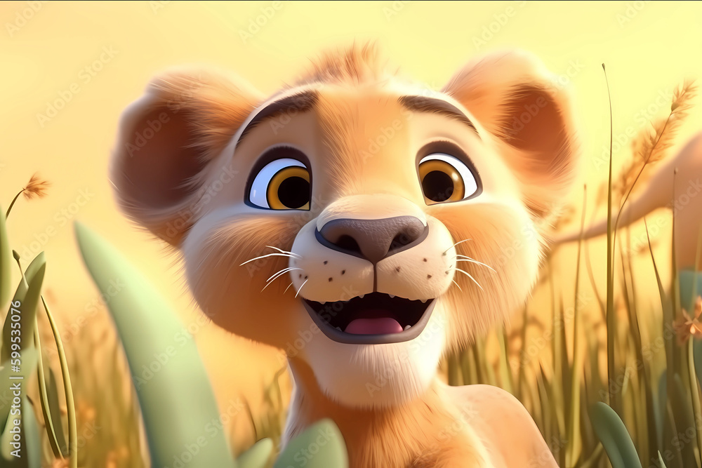 cute lion cub baby illustration, 3d render style, children cartoon ...