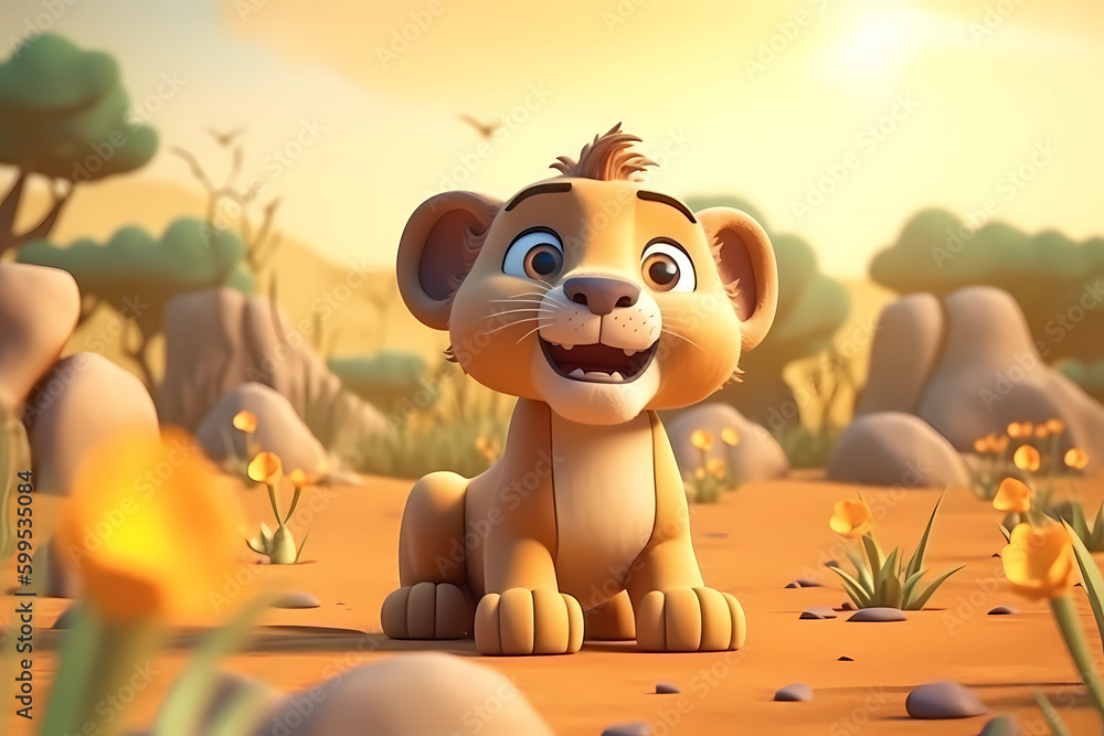cute lion cub baby illustration, 3d render style, children cartoon ...
