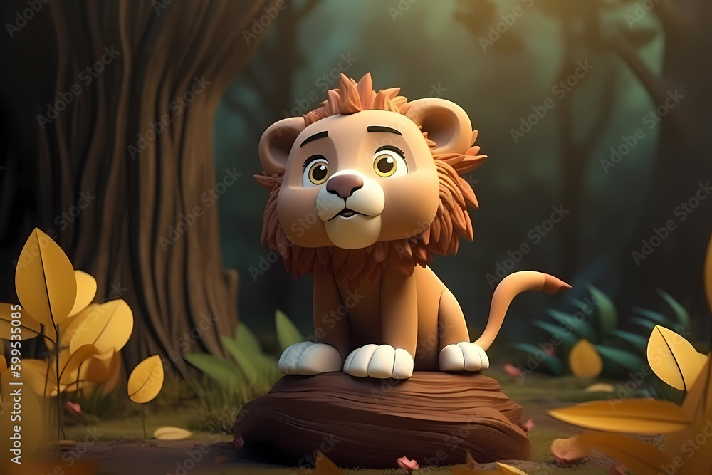 cute lion cub baby illustration, 3d render style, children cartoon ...