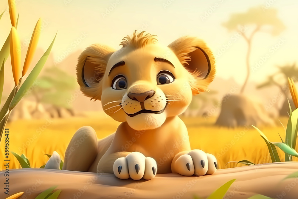 cute lion cub baby illustration, 3d render style, children cartoon ...