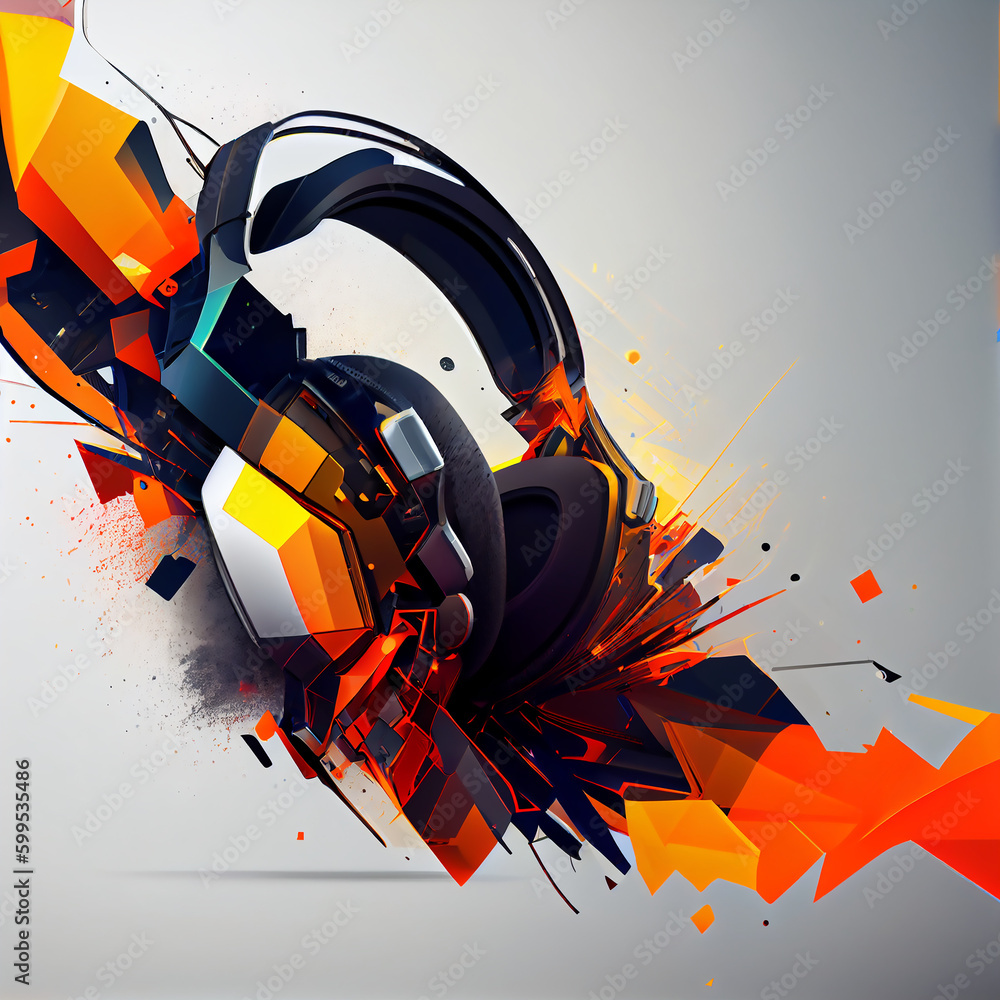 Gaming headset, futuristic looking, paint splashing in the dark ...