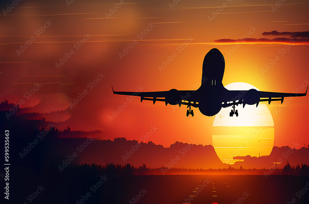 Airplane in the sky against the background of a red sunset sky. Banner ...