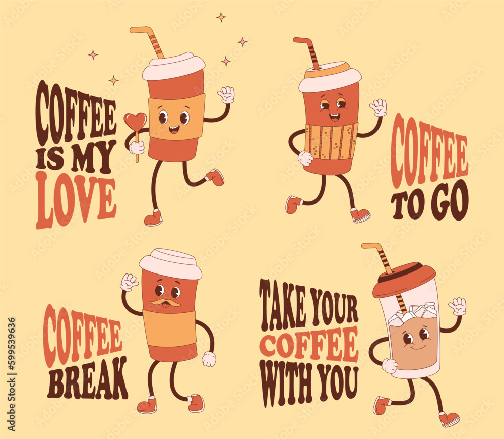 Cute cartoon retro characters coffee. Collection coffee takeaway in ...