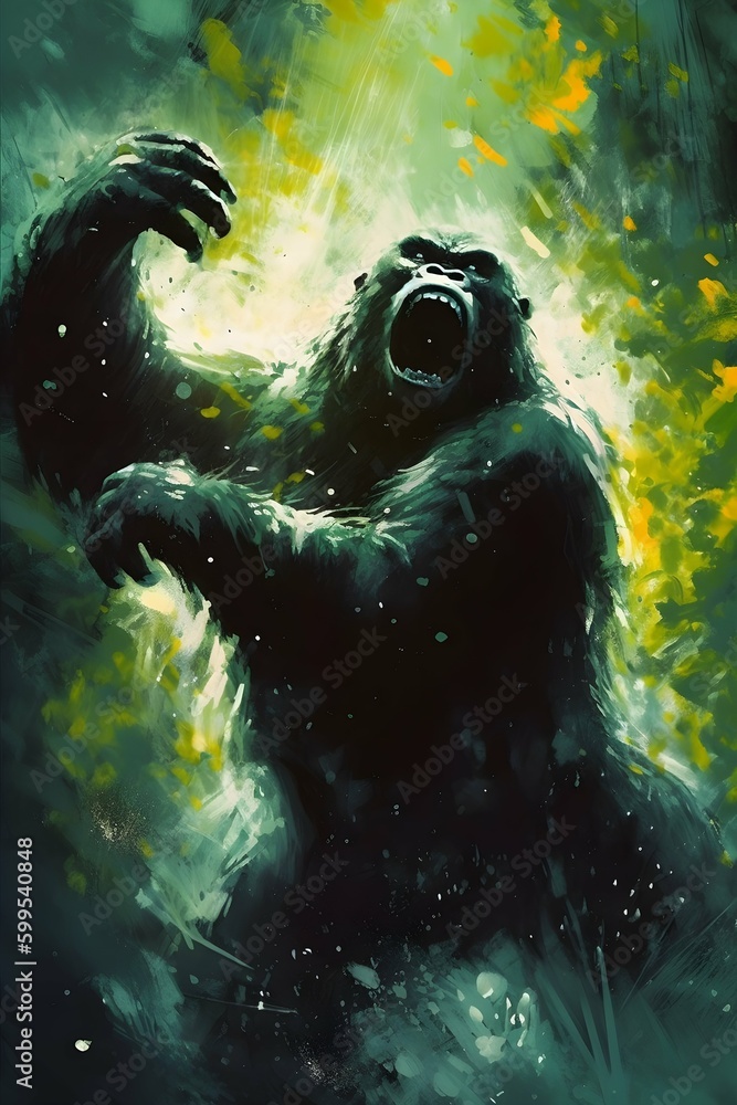 expressive gorilla roar: portrait digital brush painting of a angry ...