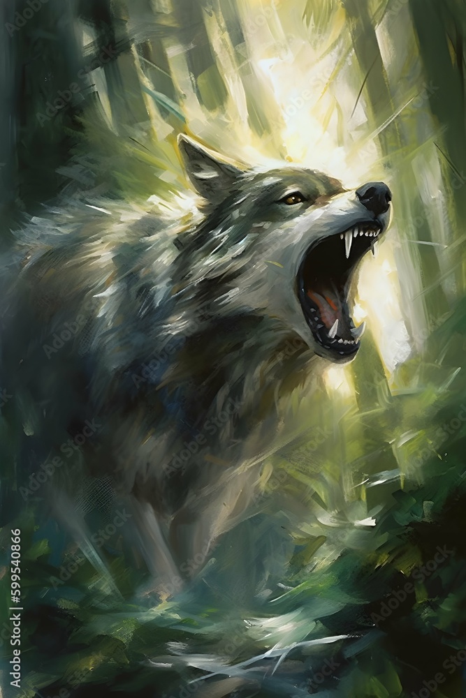 wolf barks: head portrait digital brush painting of a gray wolf bark in forest background ...