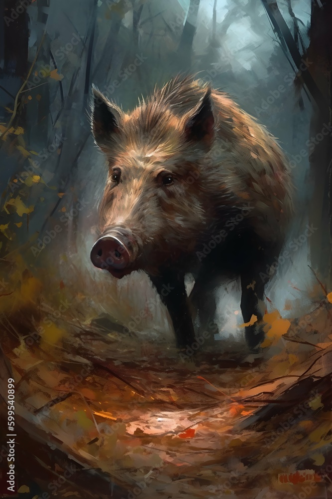 boar walks: full body portrait digital brush painting of a brown wild ...