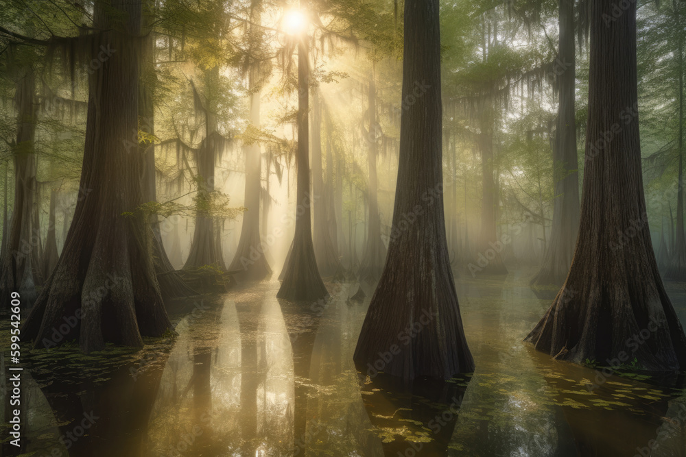 Majestic Cypress Trees in a Misty Swamp with Sun Rays Breaking Through ...