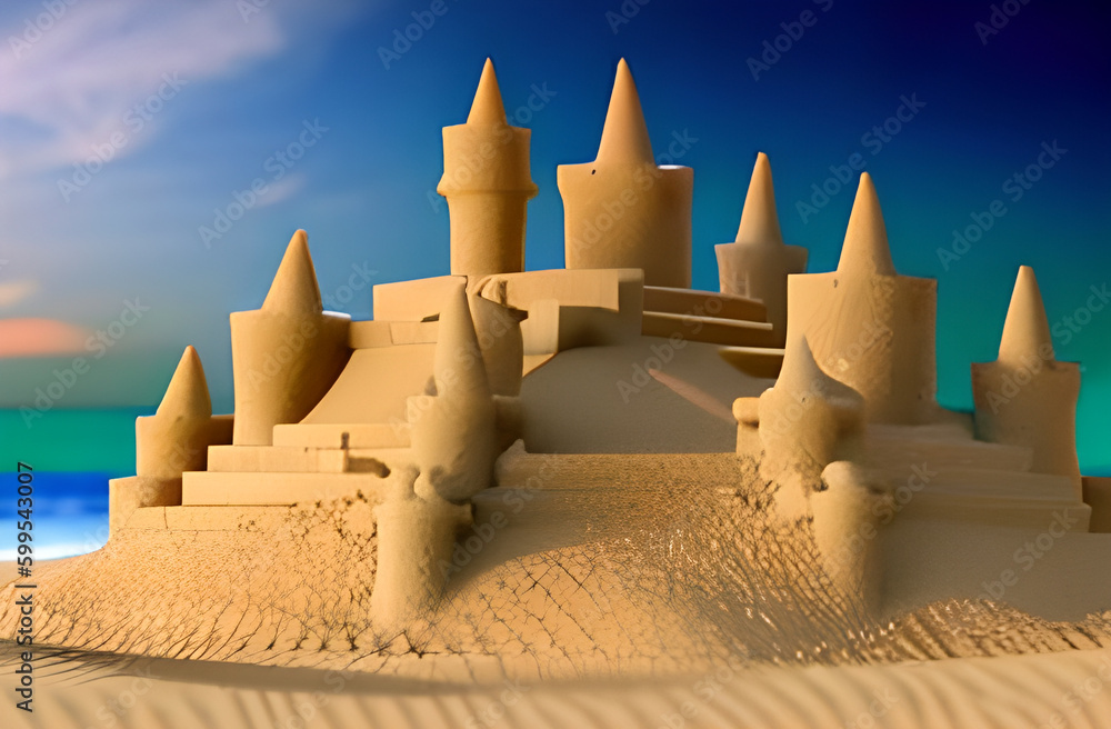 Sand castle on a beach with a blue sky in the background photo AI ...