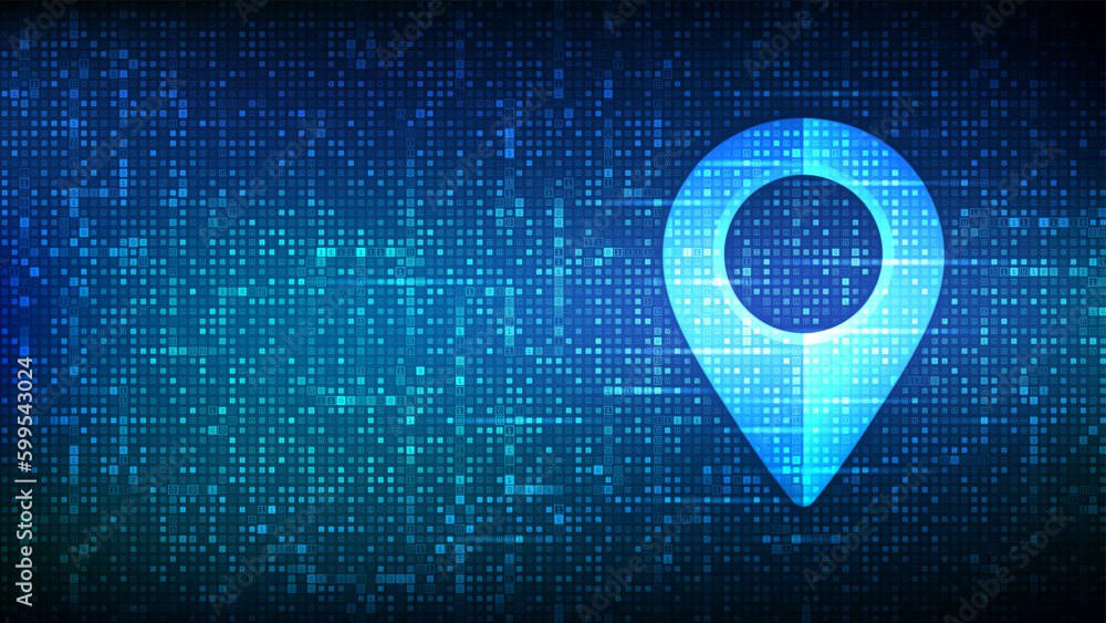 Point of location sign made with binary code. Pointer of map. Matrix ...