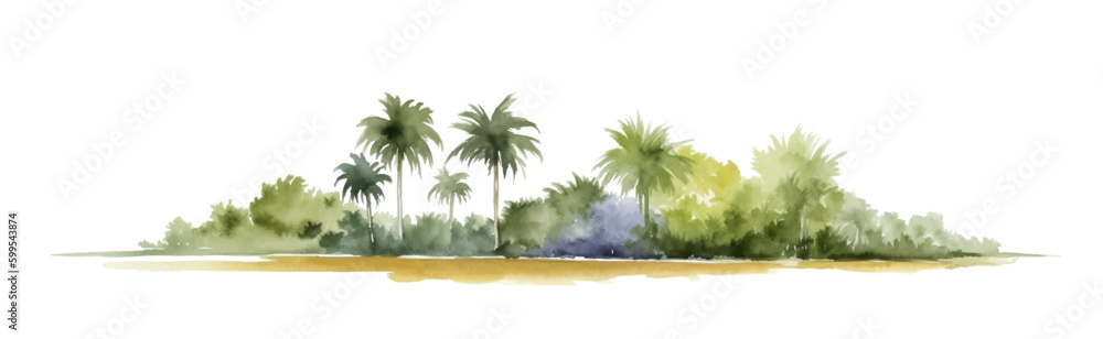 Watercolor sand beach with palms and bushes, isolated on white ...