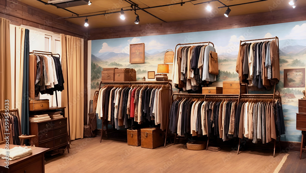 A vintage clothing store, with racks of old-fashioned garments and ...